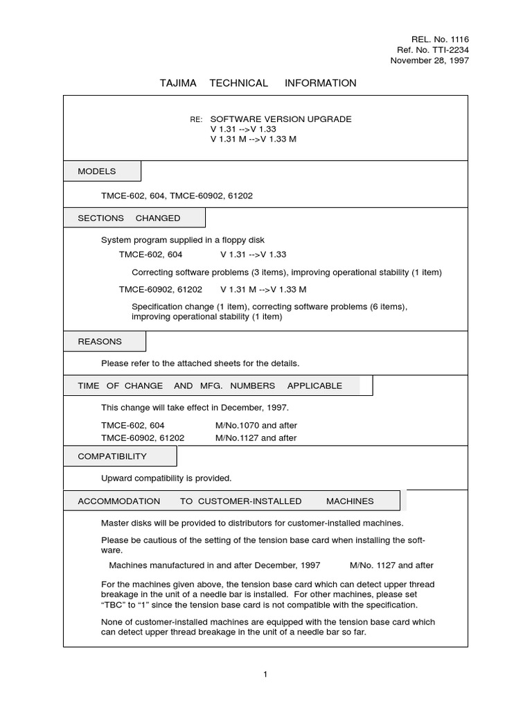 Tajima Software Upgrade Notice V1.33 | PDF | Embroidery | Computer Science