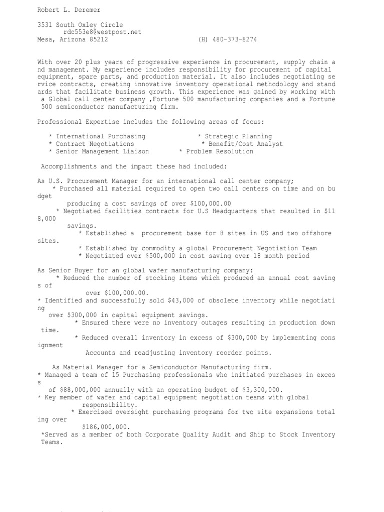 Senior Procurement Manager Profile | PDF | Procurement | Inventory