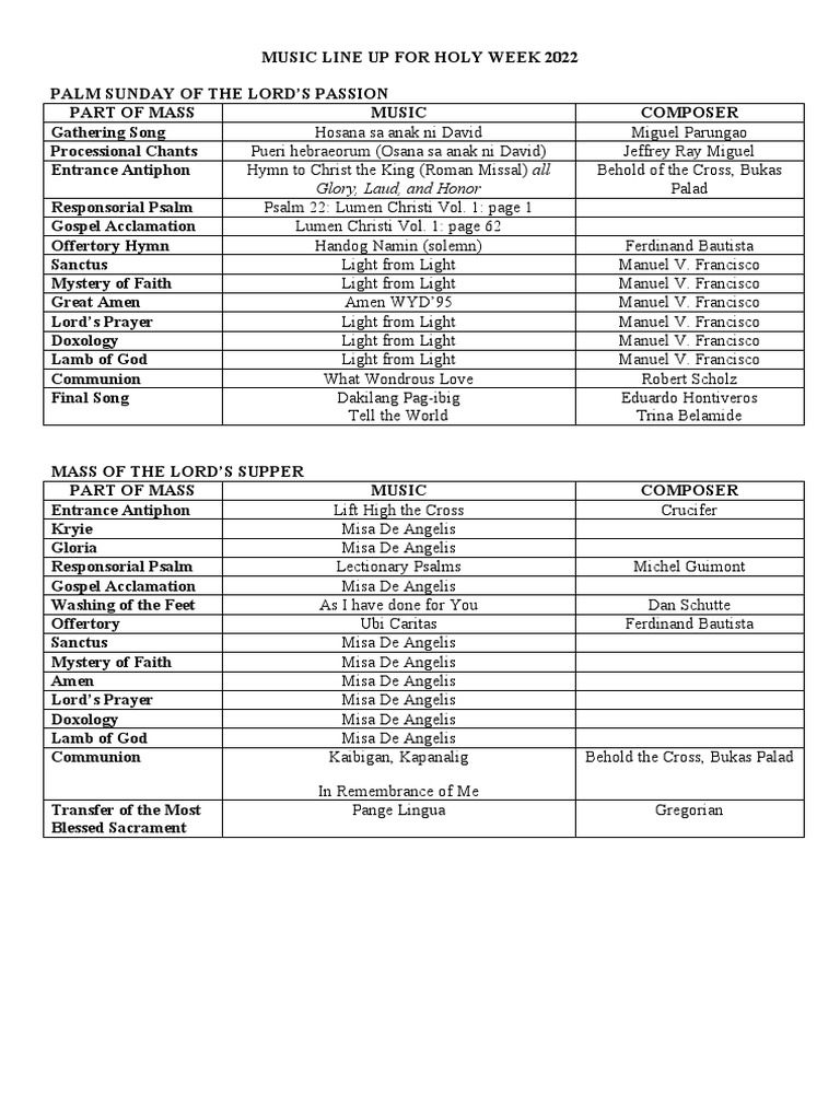 MUSIC-LINE-UP-FOR-HOLY-WEEK 2022 (Edited) | PDF | Mass (Liturgy ...