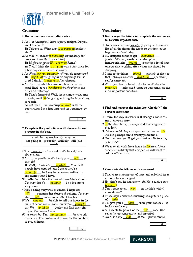 Intermediate Unit Test 3: Grammar Vocabulary | PDF