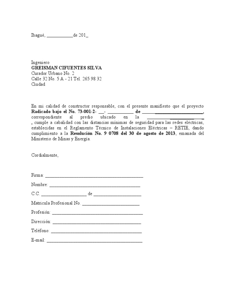 Carta Retie - Modelo - 2017 | PDF