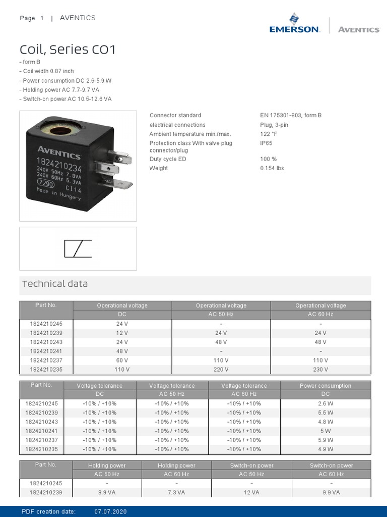 Specifications and Technical Data Sheet for AVENTICS Coil, Series CO1 ...