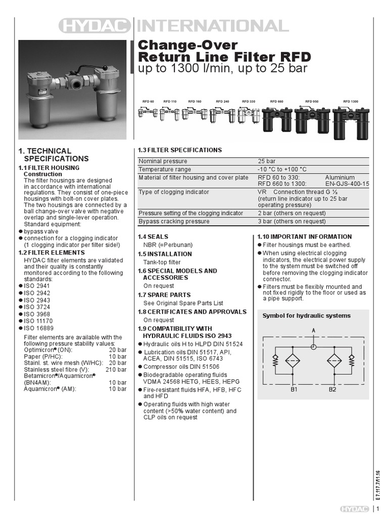 Hydac Return Line Filter RFD | PDF | Viscosity | Pipe (Fluid Conveyance)