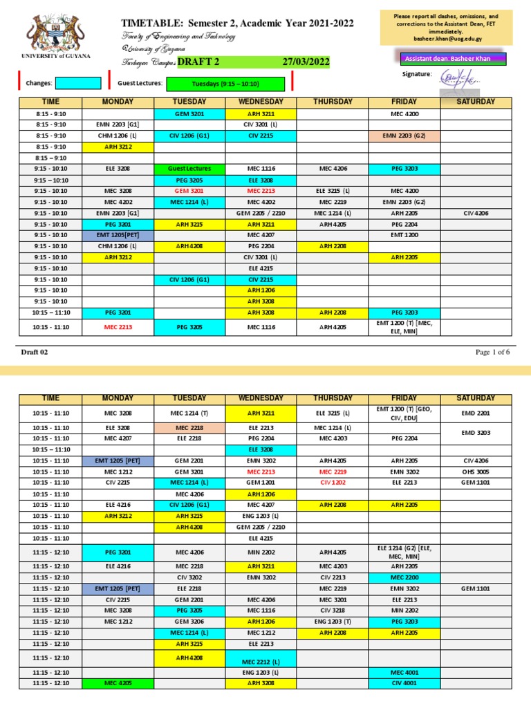 Timetable for Semester 2 of the 2021-2022 Academic Year for the Faculty of Engineering and ...