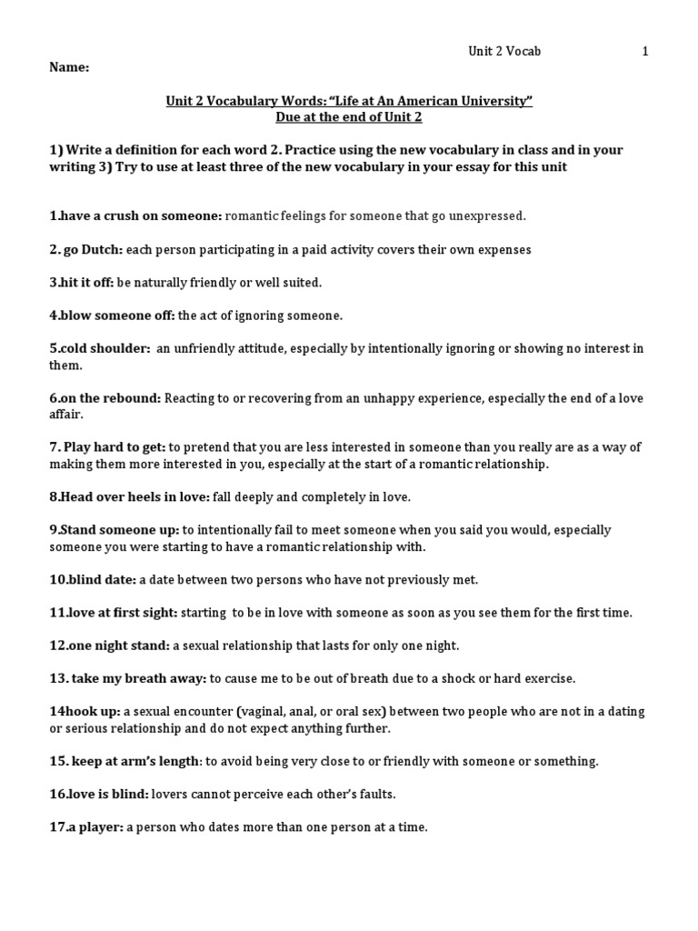 Unit 2 Vocabulery Sheet | PDF | Love | Marriage