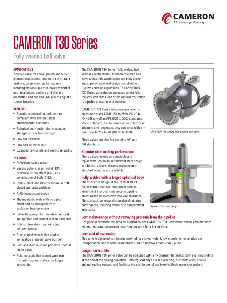 CAMERON T30 Series: Fully Welded Ball Valve | PDF | Valve | Mechanical ...