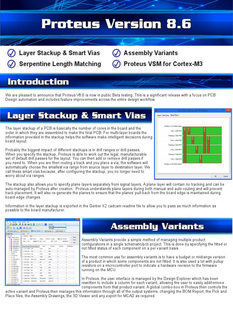 Proteus Version 8.6: Layer Stackup & Smart Vias Assembly Variants Serpentine Length Matching ...
