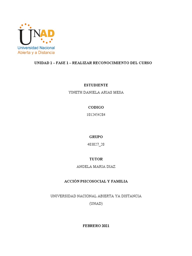 Unidad 1 - Fase 1 - Realizar Reconocimiento Del Curso: Yineth Daniela ...