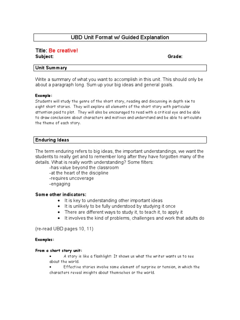 Be Creative!: UBD Unit Format W/ Guided Explanation Title | PDF ...