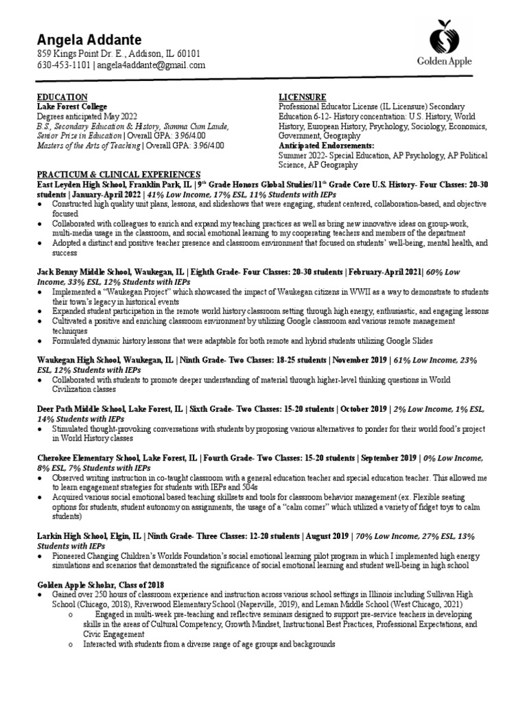 Angela Addante Resume 2022 | PDF | Teachers | Classroom
