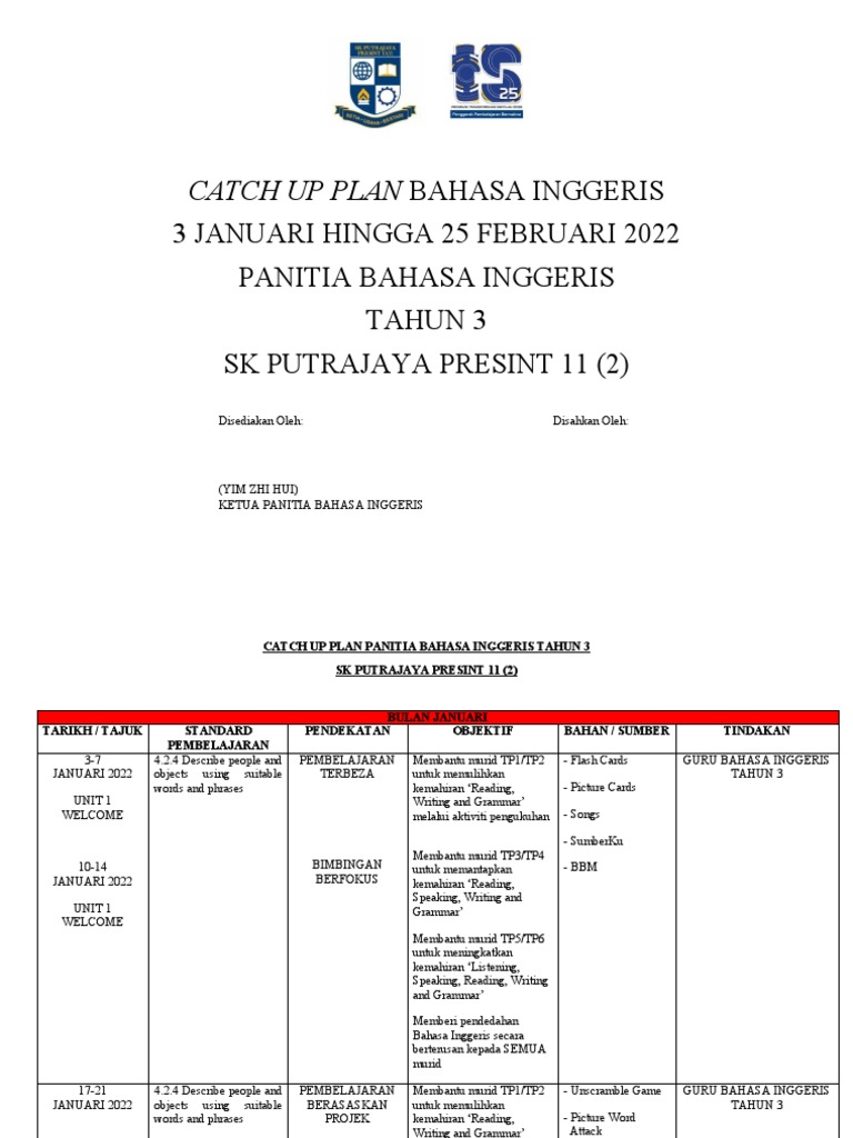 Catch Up Plan Bahasa Inggeris Tahun 3 | PDF