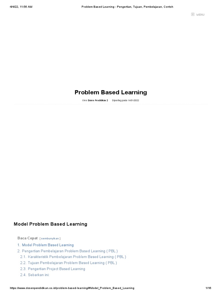 Problem Based Learning - Pengertian, Tujuan, Pembelajaran, Contoh | PDF