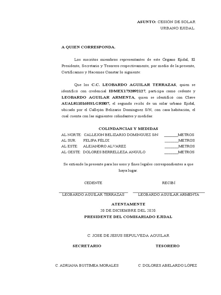 Cesión de Solar Urbano Ejidal | PDF