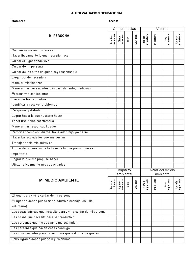 Autoevaluación ocupacional OSA pauta | PDF