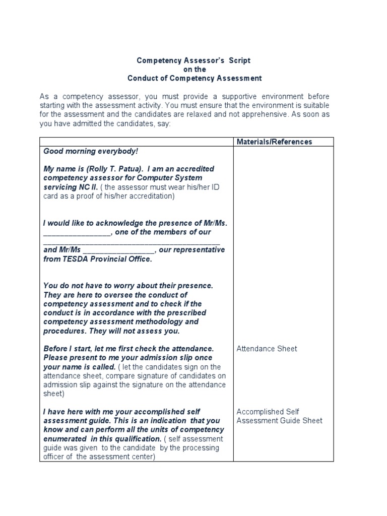 Competency Assessor's Script On The Conduct of Competency Assessment ...