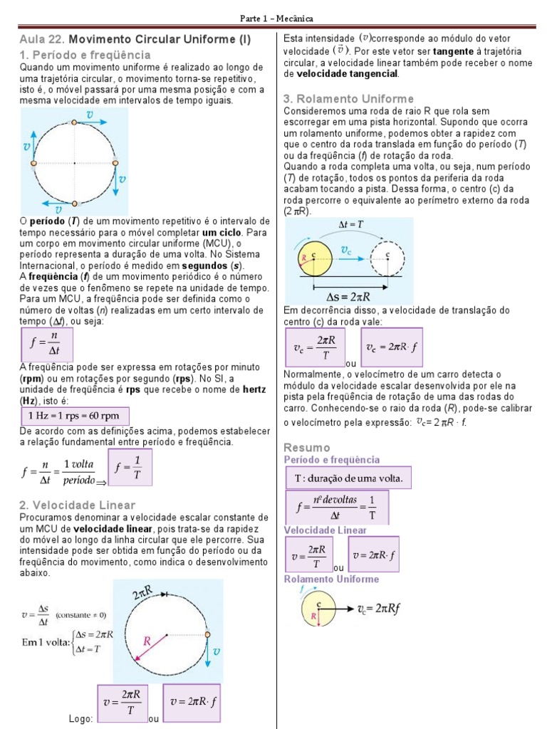 Aula 22 - Movimento Circular Uniforme 1 | PDF | Velocidade | Frequência