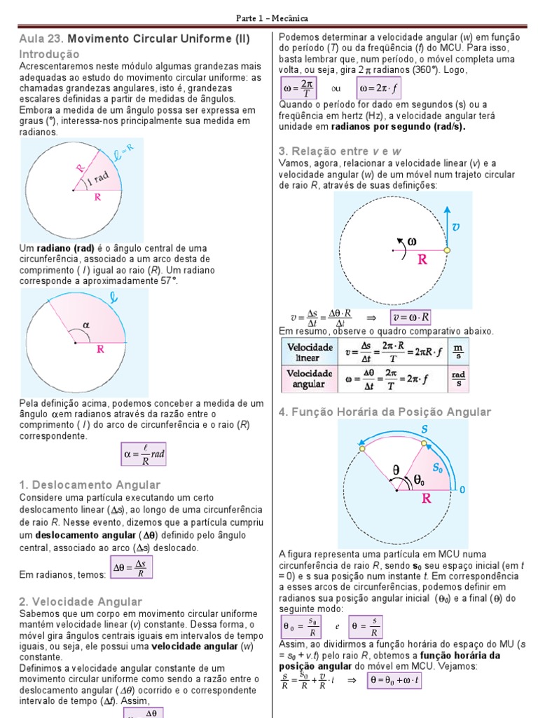 Aula 23 - Movimento Circular Uniforme 2 | PDF | Ângulo | Deslocamento ...