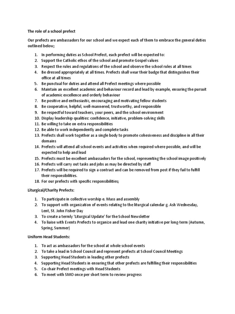 Duties and Roles of School Prefects | PDF | Cognition | Behavior ...