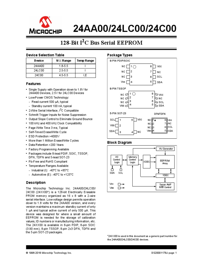 24AA00/24LC00/24C00: 128-Bit I C Bus Serial EEPROM | PDF | Bit | Transmission Control Protocol