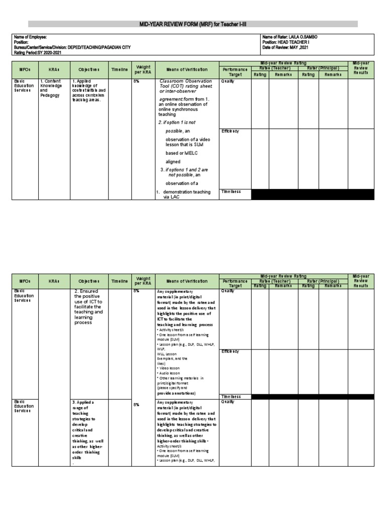 Mid-Year Review Form (MRF) For Teacher I-Iii | PDF | Educational ...