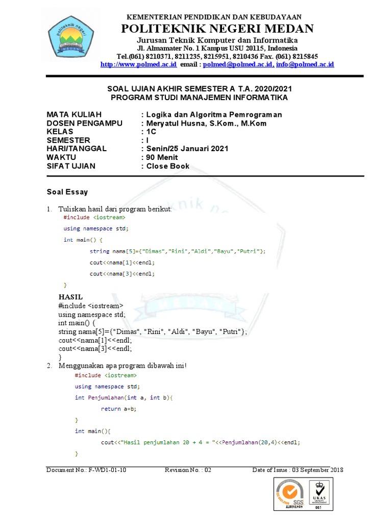 Soal UAS Algoritma Dan Pemrograman Essay MI-1 POLMED | PDF