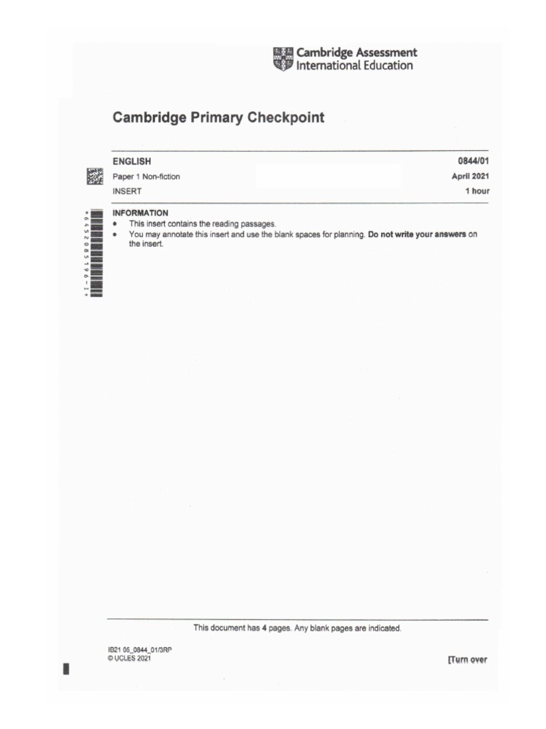 Cambridge Primary Checkpoint - English (0844) April 2021 Paper 1 Insert ...