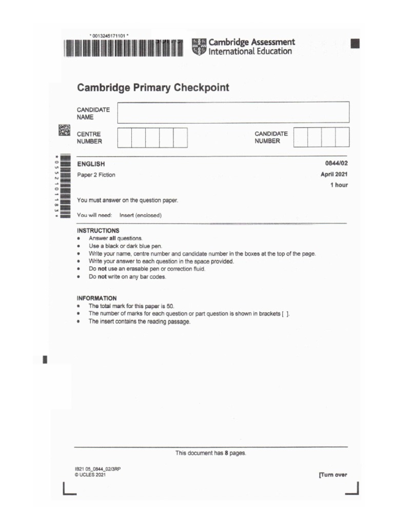 Cambridge Primary Checkpoint - English (0844) April 2021 Paper 2 ...