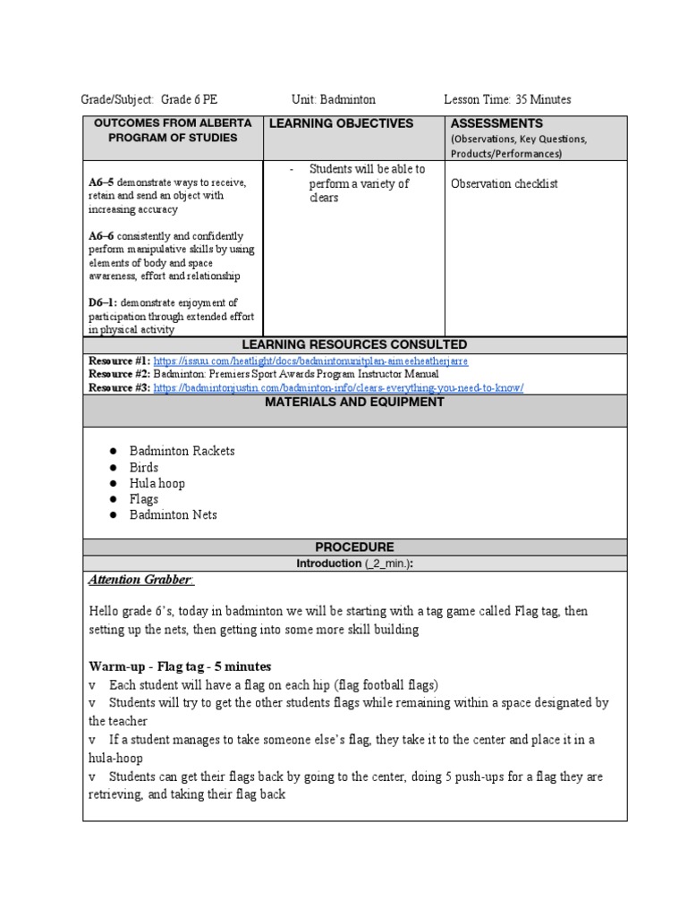 Grade/Subject: Grade 6 PE Unit: Badminton Lesson Time: 35 Minutes | PDF ...