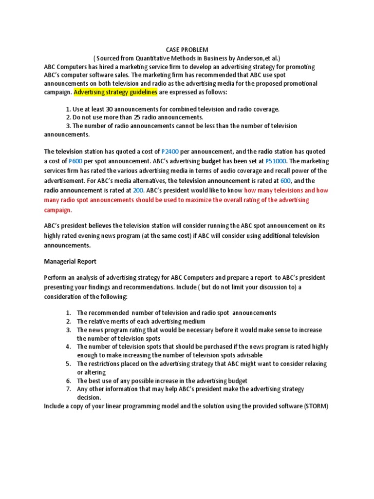Case Problem Linear Programming W Software Solution | PDF | Advertising ...
