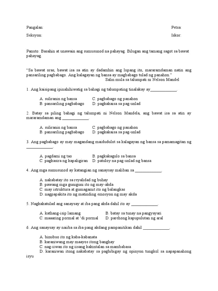 Pagtataya Sa Modyul 6 | PDF