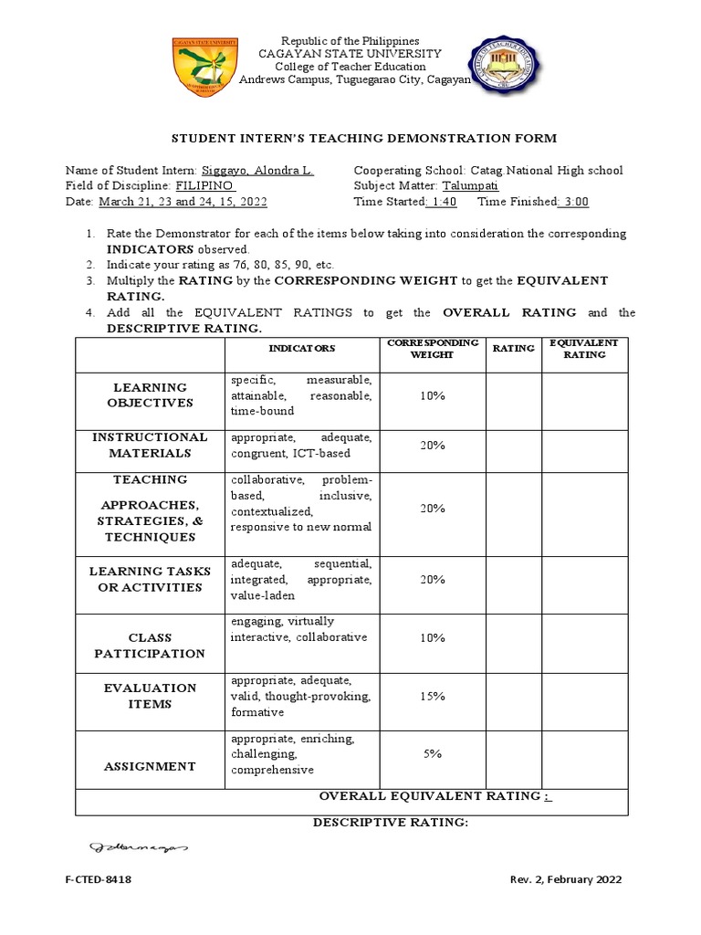 Student Intern's Teaching Demonstration Form | PDF | Teachers | Teacher ...