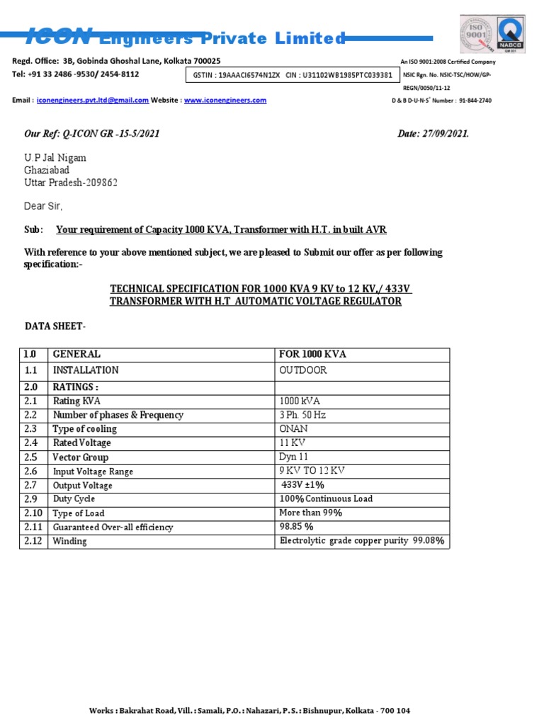 1000 KVA, 11 KV T.F. With HT AVR-ICON | PDF | Transformer | Electrical ...