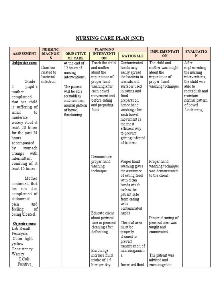 NURSING CARE PLAN FOR DIARRHEA | PDF | Human Feces | Diarrhea