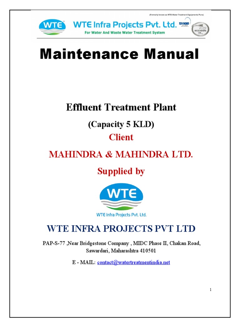 Operation and Maintenance Manual: Effluent Treatment Plant | PDF ...