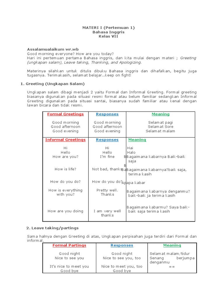 Materi Greeting dan Leave Taking Kelas 7 | PDF | Pengembangan Diri