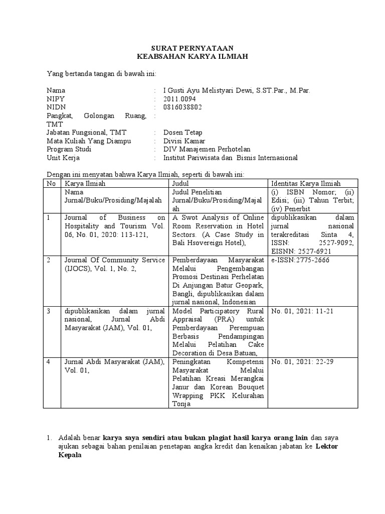 Surat Pernyataan Keabsahan Karya Ilmiah | PDF