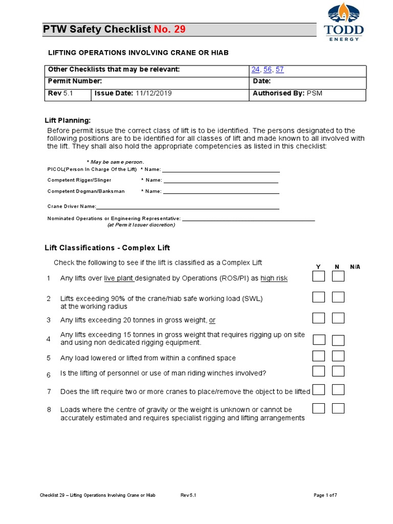 Checklist 29 Lifting Operations Involving Crane or Hiab Onshore 2 ...