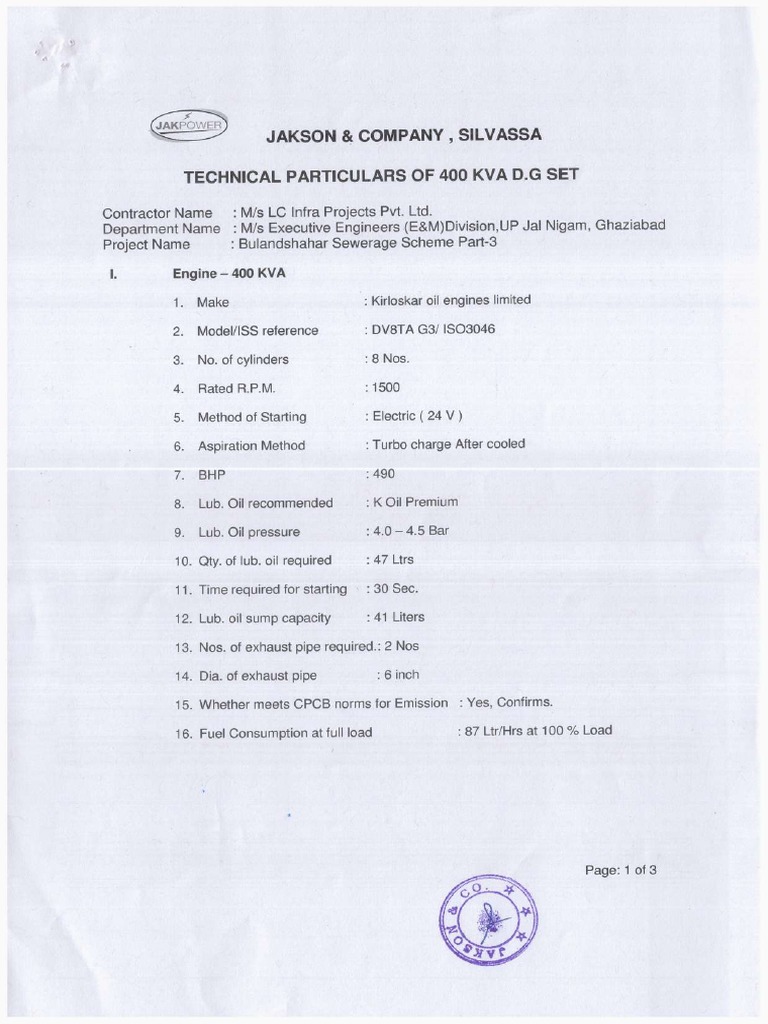 400 KVA DG Set - Datasheet Kirloskar | PDF