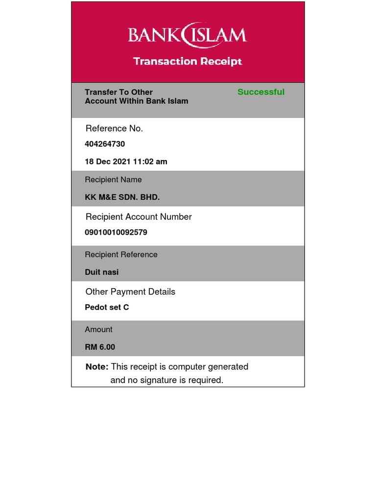 Reference No.: Transfer To Other Account Within Bank Islam | PDF