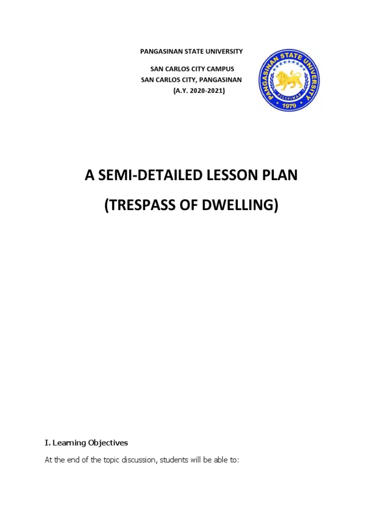A Semi-Detailed Lesson Plan (Trespass of Dwelling) | PDF | Lease | Trespass