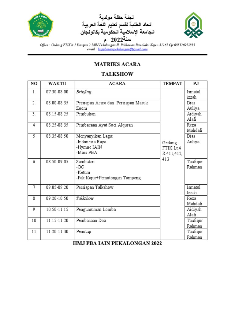Matriks Acara Talkshow: NO Waktu Acara Tempat PJ | PDF