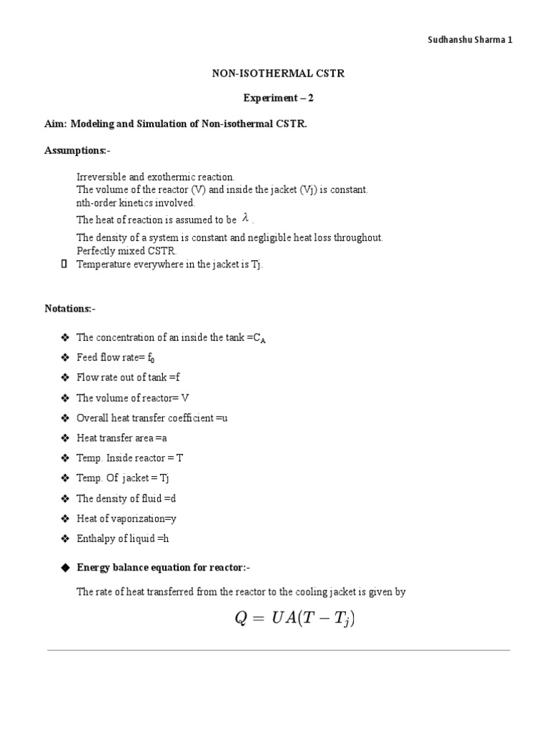 Non-Isothermal CSTR Experiment - 2 Aim: Modeling and Simulation of Non-Isothermal CSTR ...