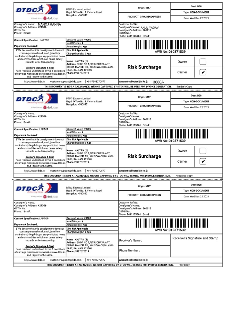 DTDC Receipt 1 | PDF
