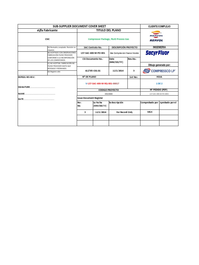 Sub-Supplier Document Cover Sheet El/la Fabricante Titulo Del Plano ...