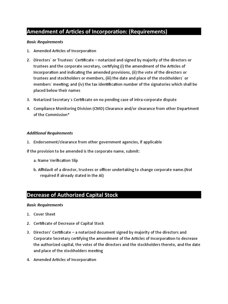 SEC Requirements (Amendment of Articles of Incorporation & Decrease of ...