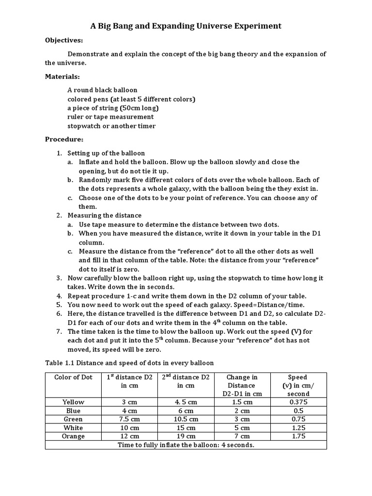 A Big Bang and Expanding Universe Experiment: Objectives | PDF | Big ...