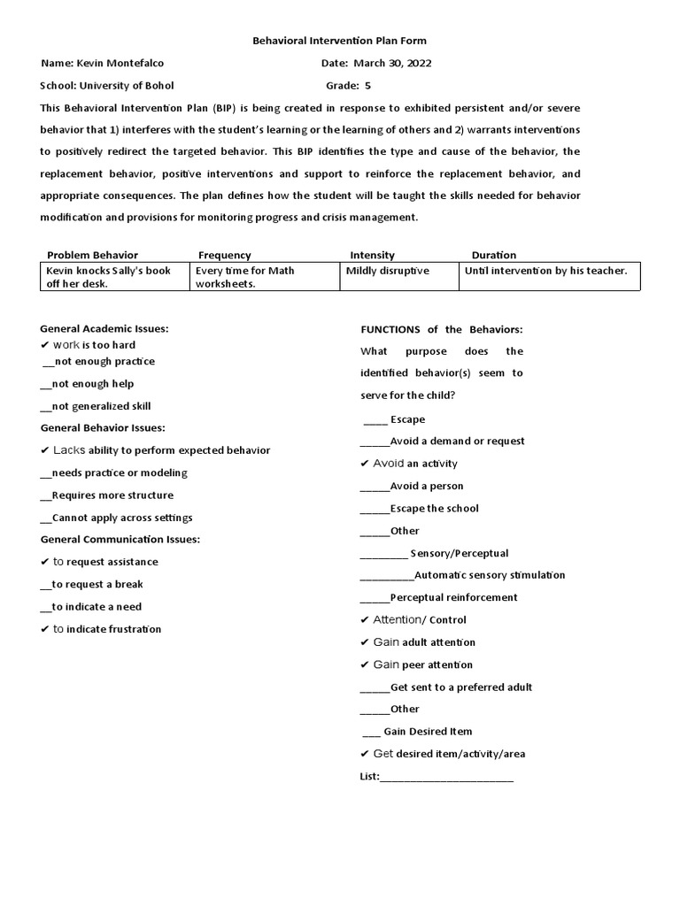 Kevin's Behavioral Intervention Plan | PDF | Teachers | Behavior