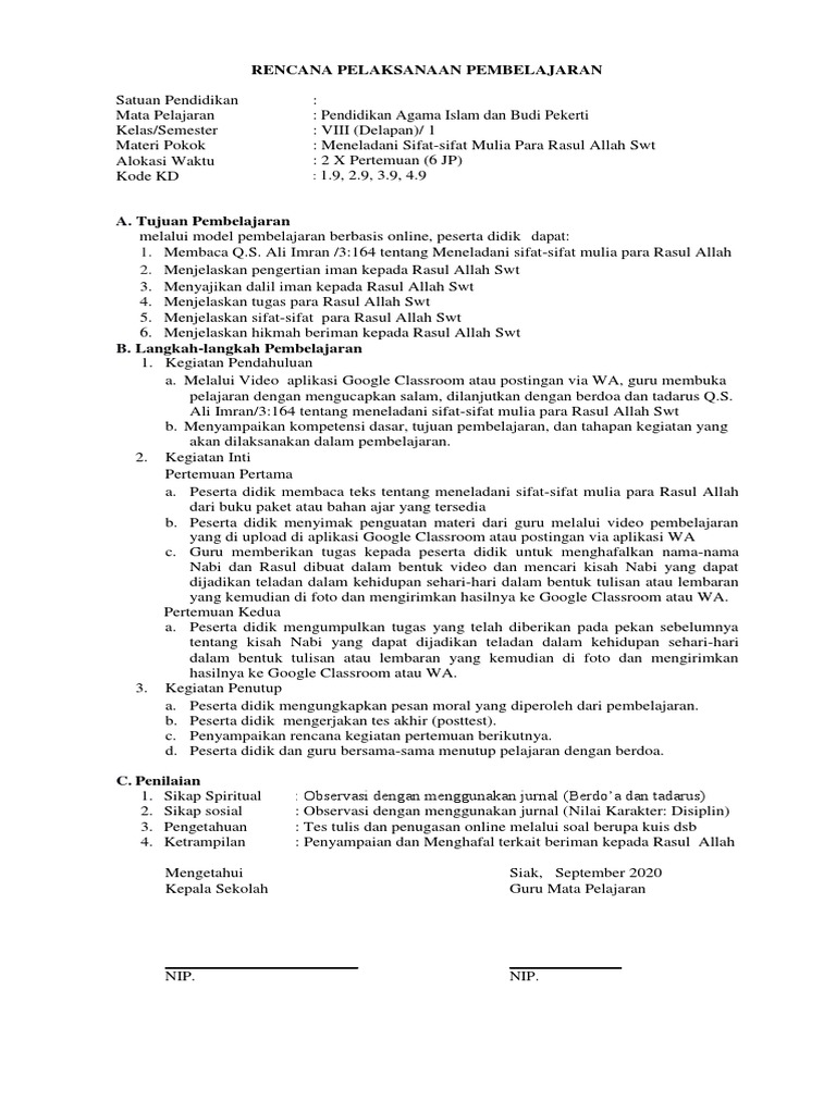 2020 09 23 RPP Meneladani Sifat Sifat Mulia para Rasul Allah SWT | PDF