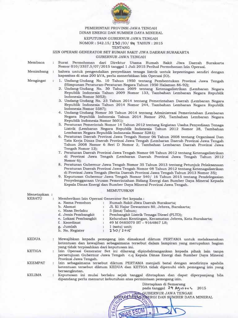 Ijin Operasional Genset | PDF
