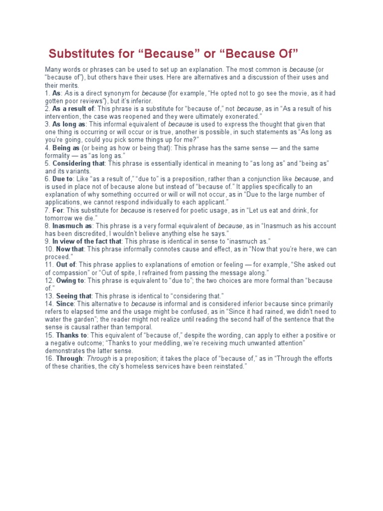 Substitutes For "Because" or "Because Of" | PDF | Preposition And ...